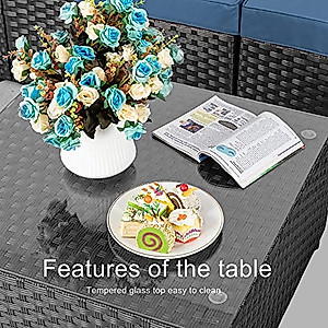 Shintenchi 5 Pieces Outdoor Patio Sectional Sofa Couch, Black PE Wicker Furniture Sets, Patio Conversation Sets with Washable Cushions Glass Table for Garden, Poolside, Backyard,Aegean Blue