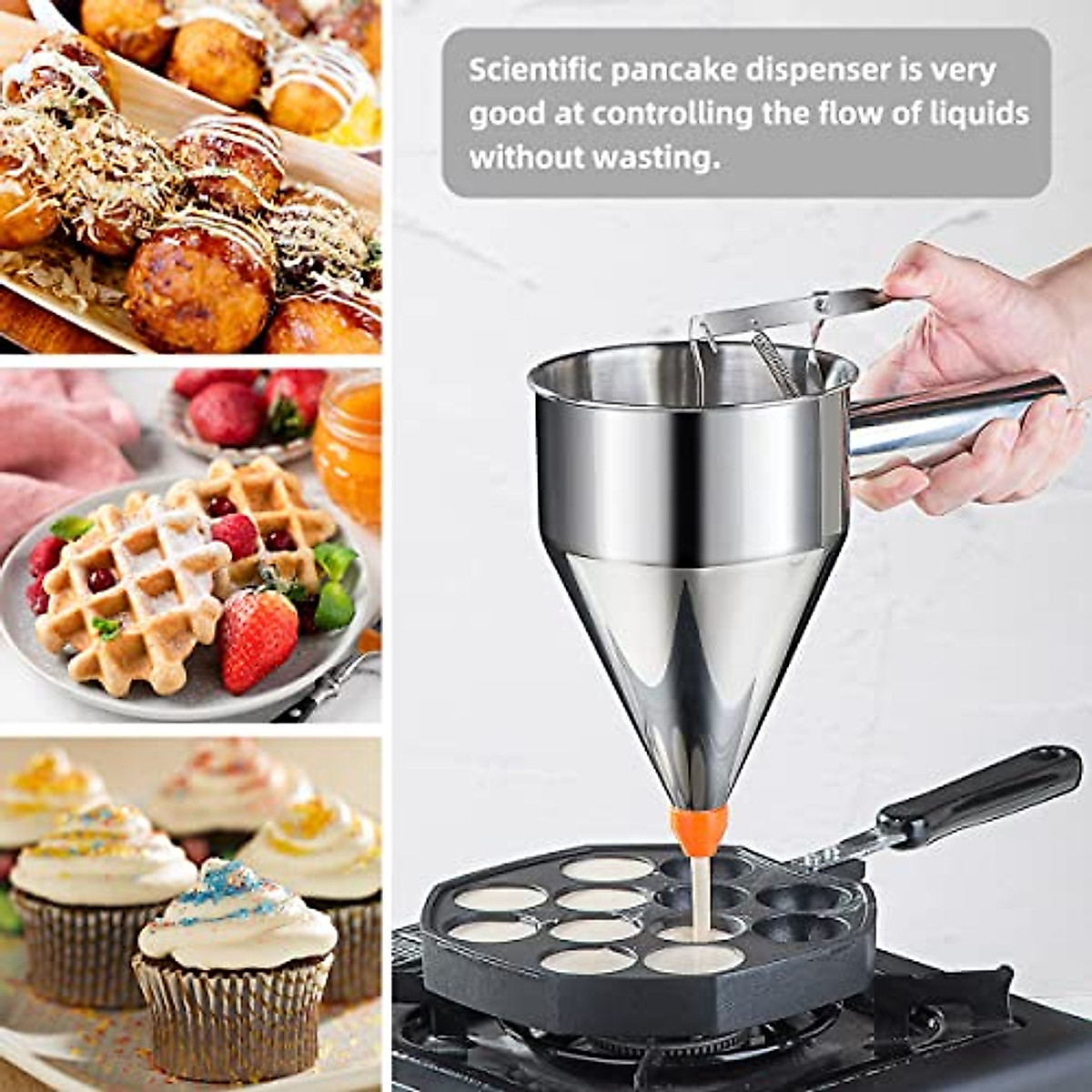 Choxila 40oz Pancake Batter Dispenser, Stainless Steel 4 Caliber Funnel Cake Dispenser with Stand Great for Pancakes, Cupcakes and Baked Goods