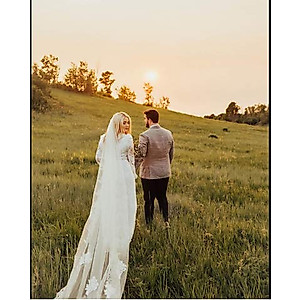 Ursumy Gorgeous Wedding Lace Veil Floral Long Cathedral Veils for Brides Soft Tulle Bridal Veils with Comb 118" (Ivory)