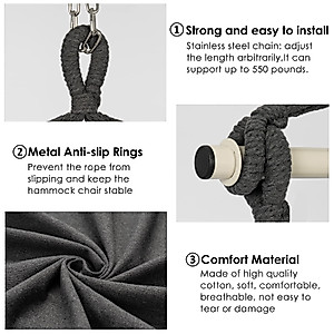 Y- STOP Hammock Chair Hanging Rope Swing, Max 500 Lbs, 2 Cushions Included, Large Macrame Hanging Chair with Pocket, Cotton Weave for Superior Comfort, Durability (Dark Grey)
