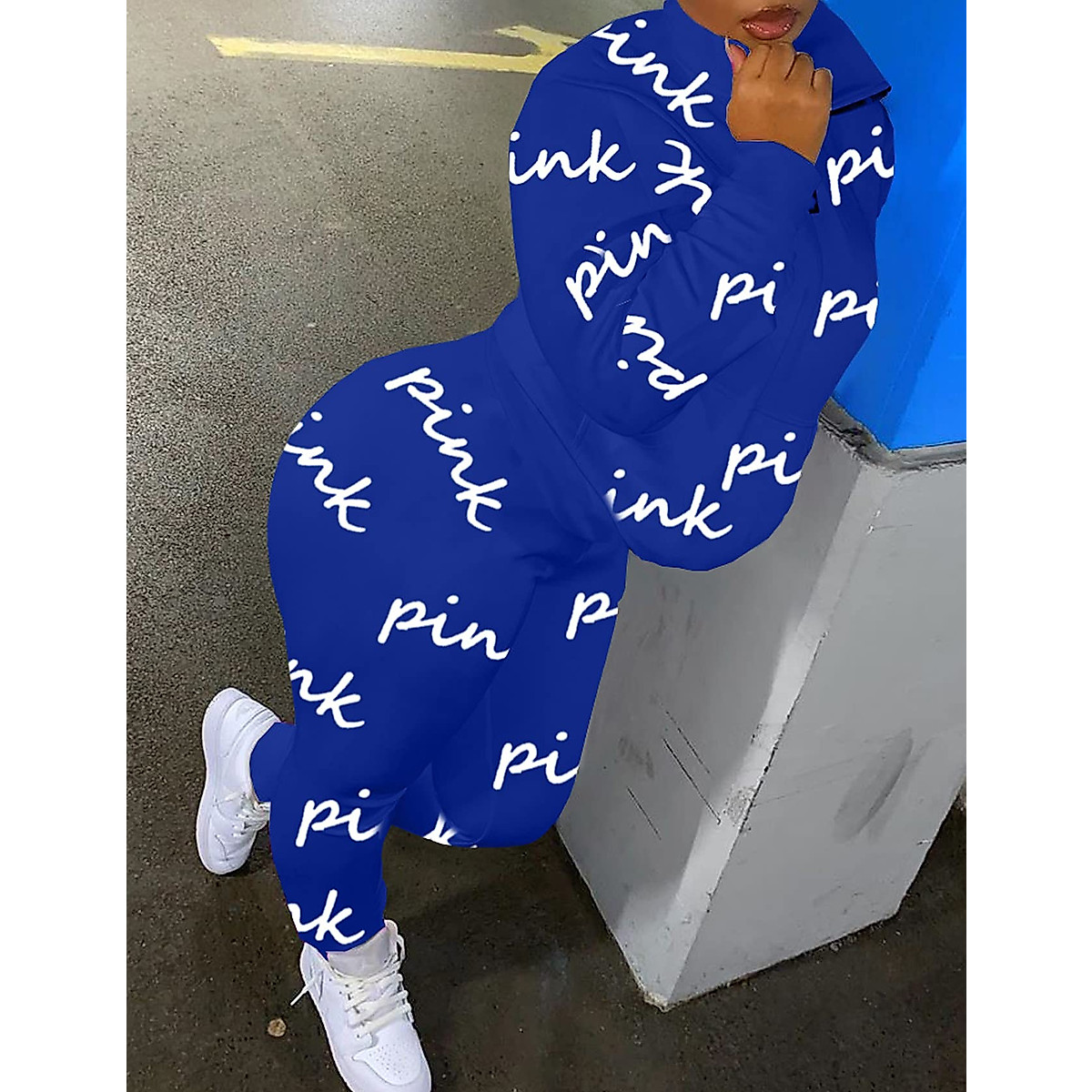 JYAOVO Women's Letter Print 2 Piece Outfits Zipper Collar High Neck Long Sleeve Sweatshirt and Long Pants Set Tracksuit