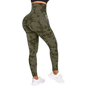 MOOSLOVER Women Corset High Waisted Leggings with Pockets Tummy Control Body Shaper Yoga Pants(S,#1 Army Green Tie-dye)