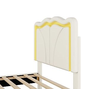 MERITLINE Twin Size Bed with Height-Adjustbale Headboard & LED Light Strips, Upholstered Twin Platform Bed Frame for Bedroom, White