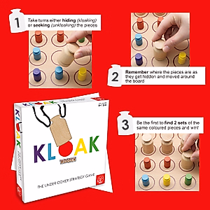 ROO Games Kloak - Wooden Strategy Board Game for Kids and Adults - for Ages 8-9-10-11+ - Kloak and Unkloak to Get Three in A Row - Premium Wooden Game
