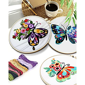 Butterfly Flower Embroidery Stitch Practice kit, 3 Sets Beginners Embroidery Kit for Beginners Include Embroidery Cloth Hoops Threads for Craft Lover Hand Stitch with Embroidery Skill Techniques