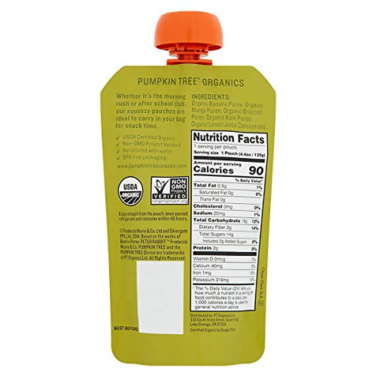 Pumpkin Tree Peter Rabbit Organics, Banana, Mango, and Kale, 4 Squeeze Pouch, Mango, Broccoli & Kale, 4.4 Ounce (Pack of 10)