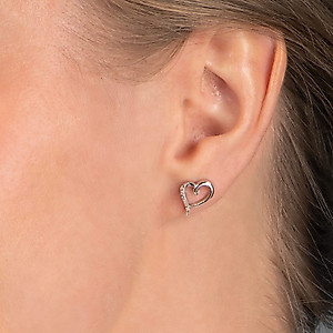 Jewelili Heart Diamond Stud Earrings in 10K White Gold, Minimalistic Dainty Earrings