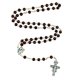 San Damiano Crucifix Cross Rosary | Saint Francis of Assisi Centerpiece | Beautiful Dark Wooden Beads | Christian Devotional Prayer | Great Catholic Gift for First Holy Communion and Confirmation