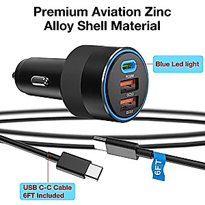 S23 S22 Ultra USB C Fast Car Charger, 3 Port 66 W Car Charger PD3.0 Dual QC 3.0 Type-C Car Charger Adapter for Samsung Galaxy Z Fold 4/Z Flip/3/4/S22/22+/S21/S20/Ultra/Note 20 Galaxy Tab (6 ft Cable)