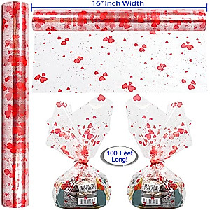 Cellophane Wrap Roll Hearts Design | 100’ Ft. Long X 16” in. Wide | 2.3 Mil Thick Crystal Clear with Red Hearts | Gifts, Baskets, Treats, Flowers, Cello Wrapping Paper | Hearts Design Cellophane for Birthdays, Holidays, Graduations | by Anapoliz