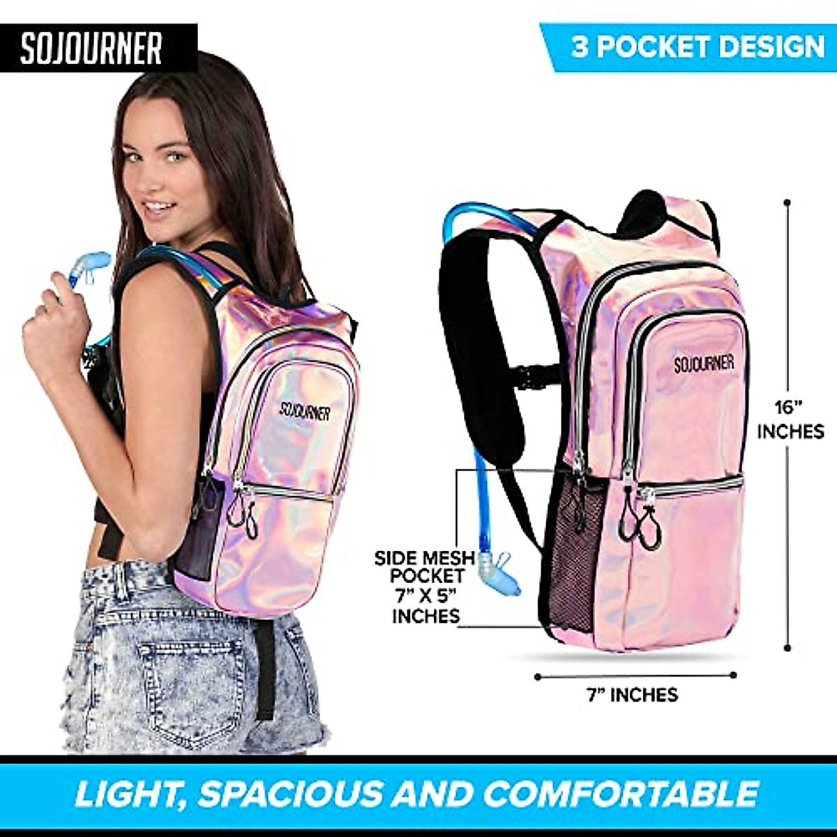 SOJOURNER Rave Hydration Pack Backpack - 2L Water Bladder Included for Festivals, Raves, Hiking, Biking, Climbing, Running and More (Medium) (Holographic - Pink)