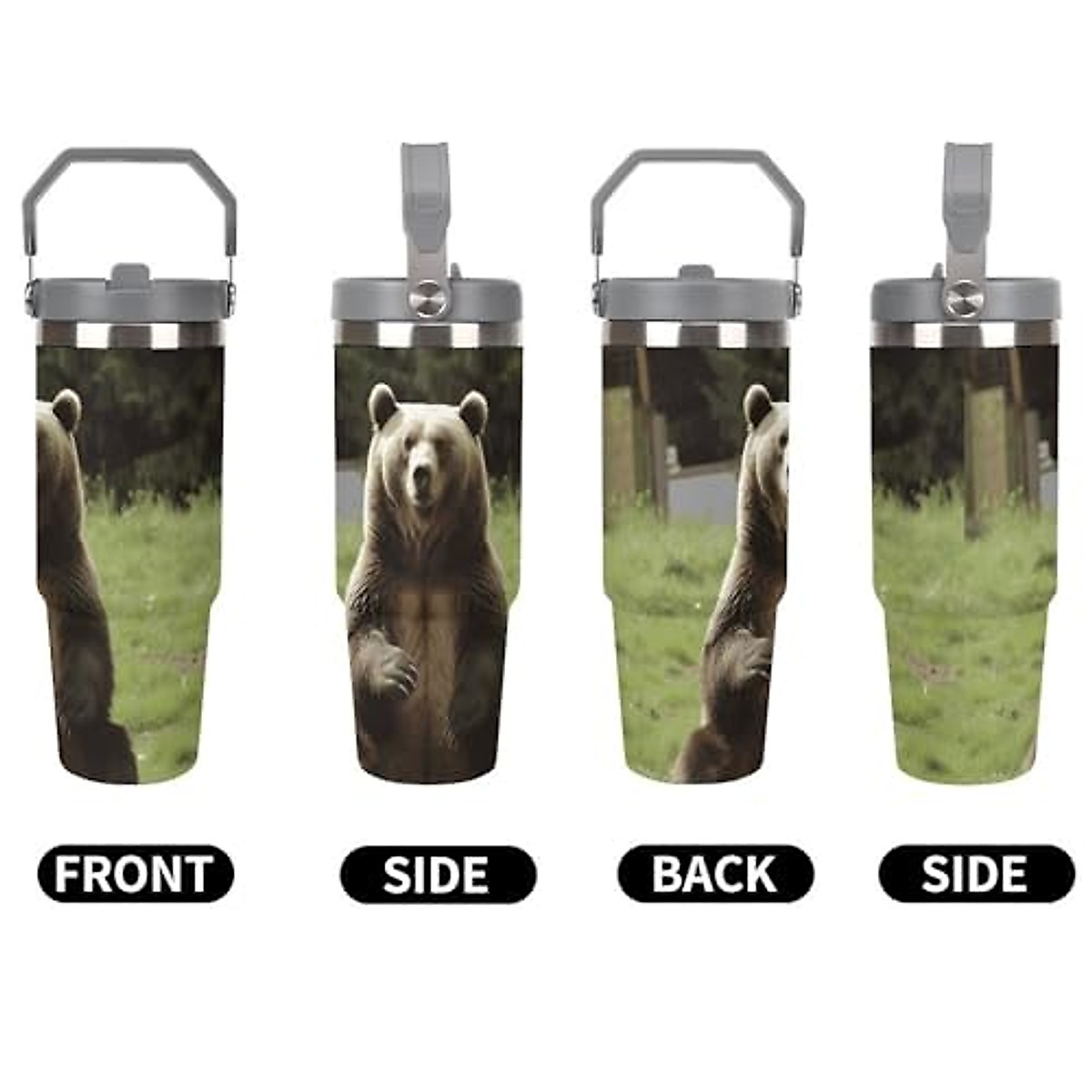 Hi Bear Sit on The Lawn 30oz Stainless Steel Insulated Tumbler with Straw & Foldable Handle - Leakproof, Double-Wall Vacuum Travel Thermos for Hot/Cold Drinks, Non-Slip Base, Fit Cup Holders