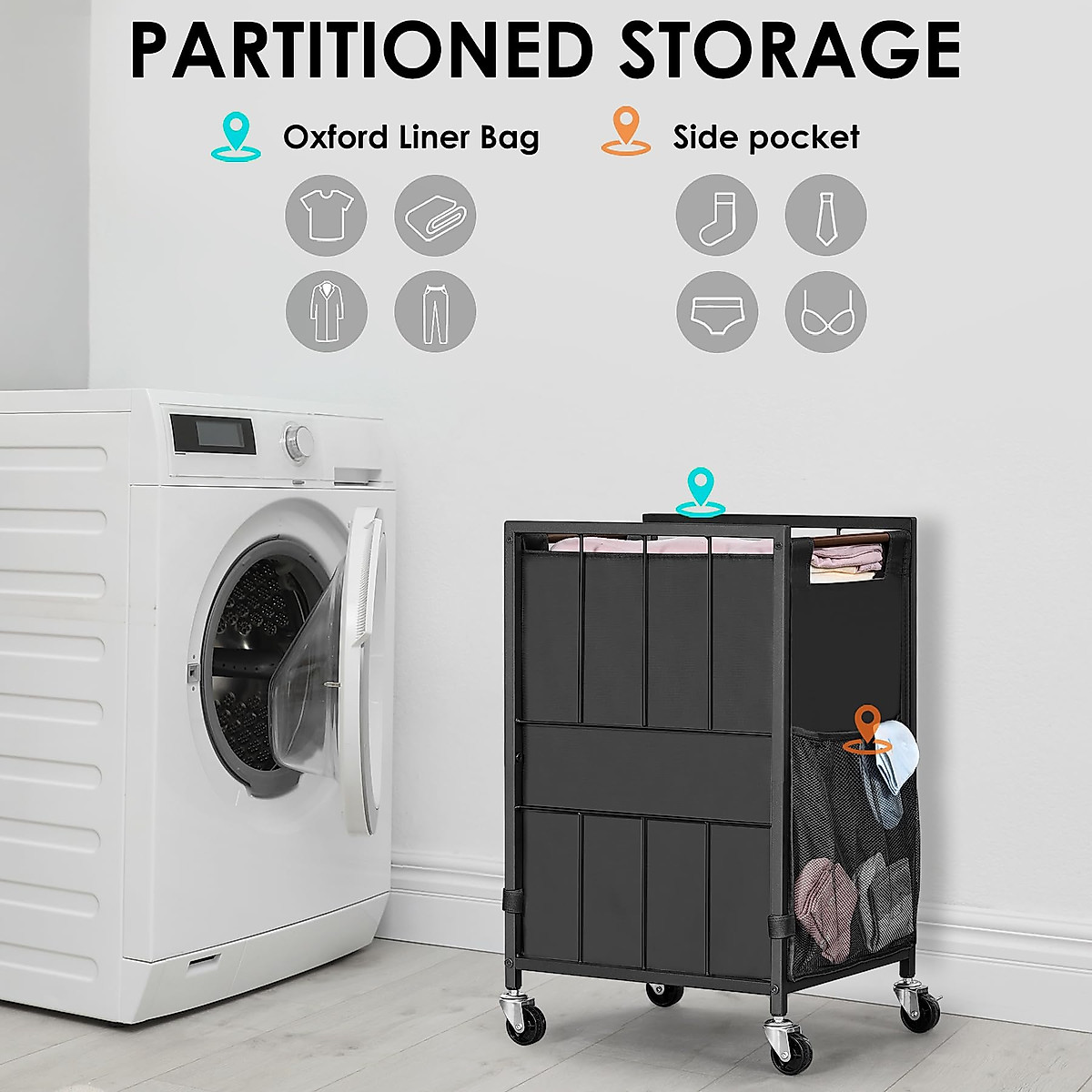 Laundry Hamper with Wheels & Adjustable Feet; 90L Laundry Basket with Removable Liner Bag & Side Mesh Pocket; Clothes Basket for Bathroom, Bedroom; Laundry Sorter with Wood Handle (Black)