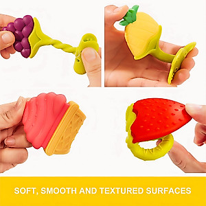 Baby Teething Toys (4 Pack), Olele Baby Chew Toys, BPA-Free Baby Teething Toy for Babies 6-12 Months. Natural Organic Freezer Safe Fruit Teether Toys for Toddlers, Specialized Relief Gingival Pain.