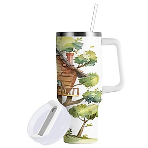 ODAWA Hand Painted Tree House Insulated Cup with Handle Insulated Tumblers Reusable Stainless Steel Water Bottle