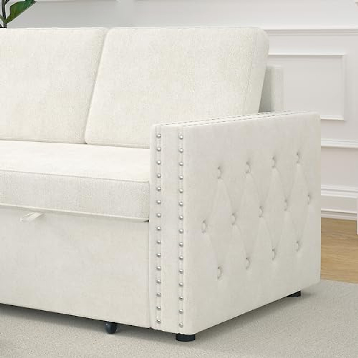 FANYE 85" W L-Shaped Reversible Sleeper Sectional Sofa Chenille Button Tufted Upholstered Corner Convertible Sofabed W/Pull Out Couch Bed and Storage Chaise, Nailhead Decor for Living Room