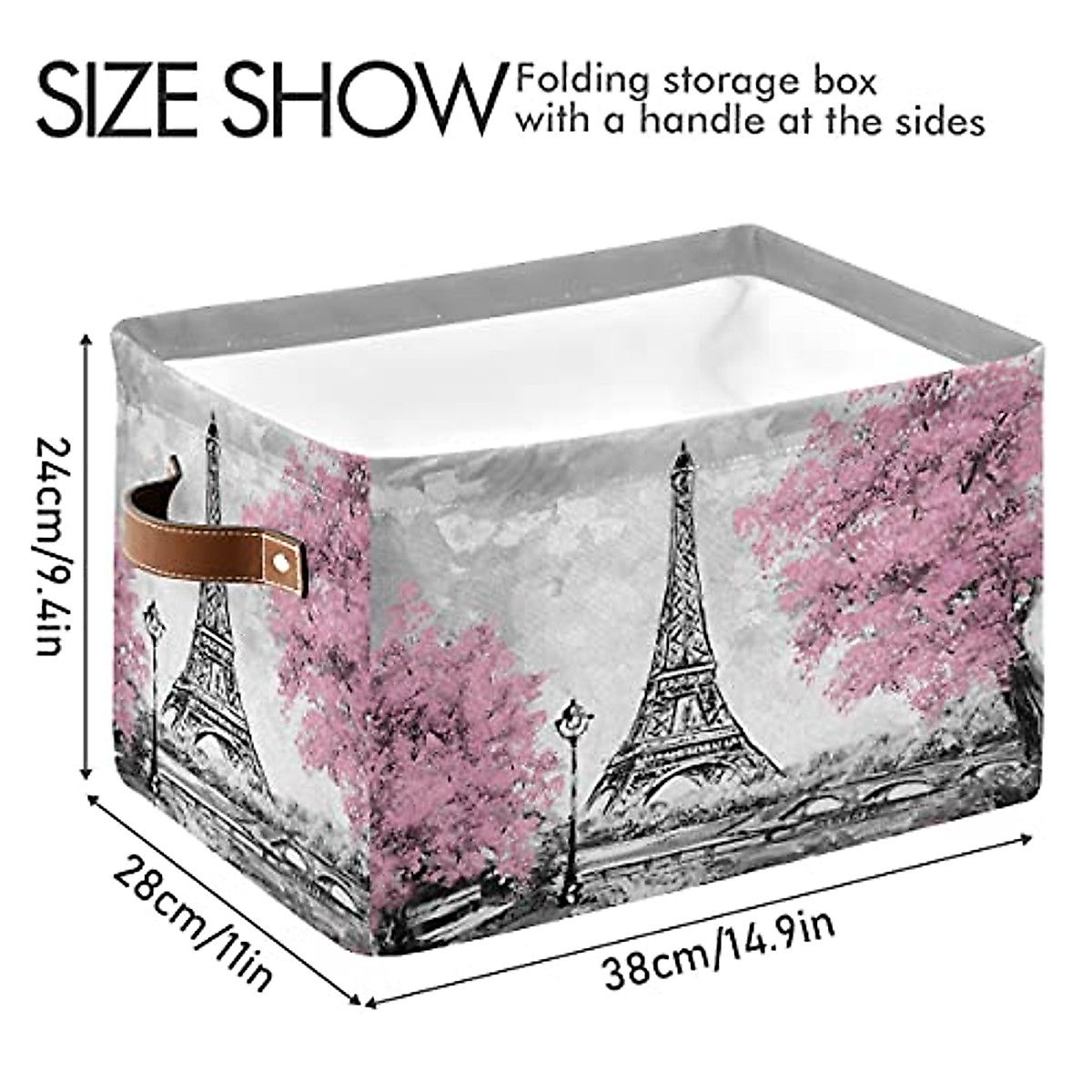 Storage Basket French Paris Eiffel Tower Street Pattern 2 Pc Canvas Large Collapsible Organizer Toy Clothes Storage Bins Boxes Cubes with Handles for Shelf Closet Bedroom Nursery Home Office