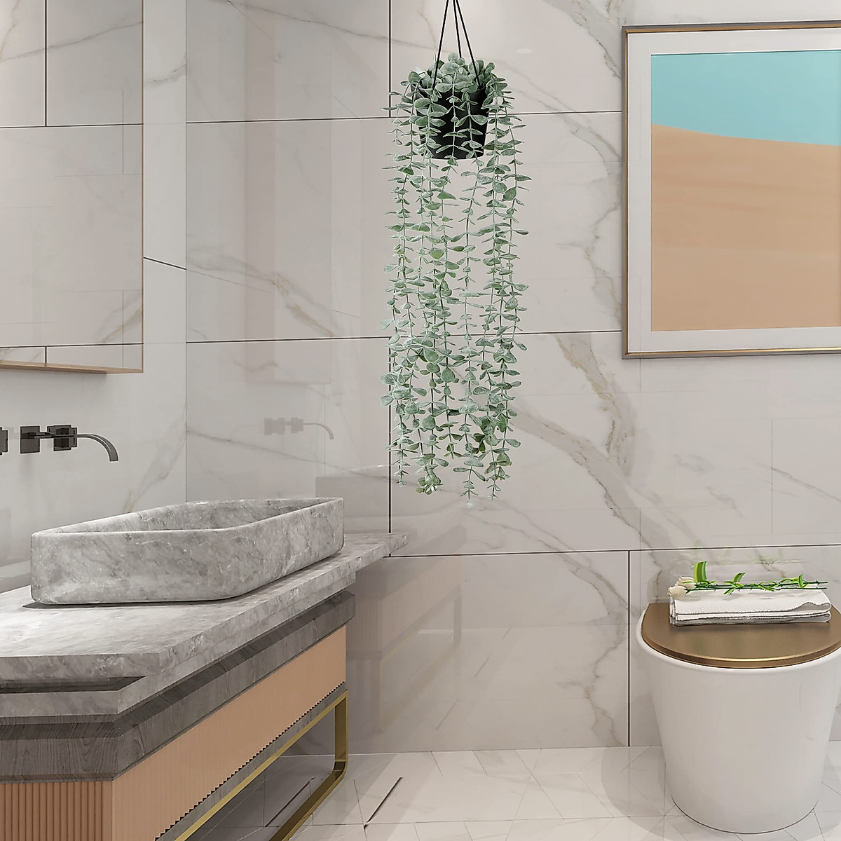 Sggvecsy Artificial Hanging Eucalyptus Plants Fake Hanging Plant 2 Pack Fake Potted Hanging Greenery Potted Hanging Eucalyptus for Home Indoor Outdoor Wall Garden Wedding Decor