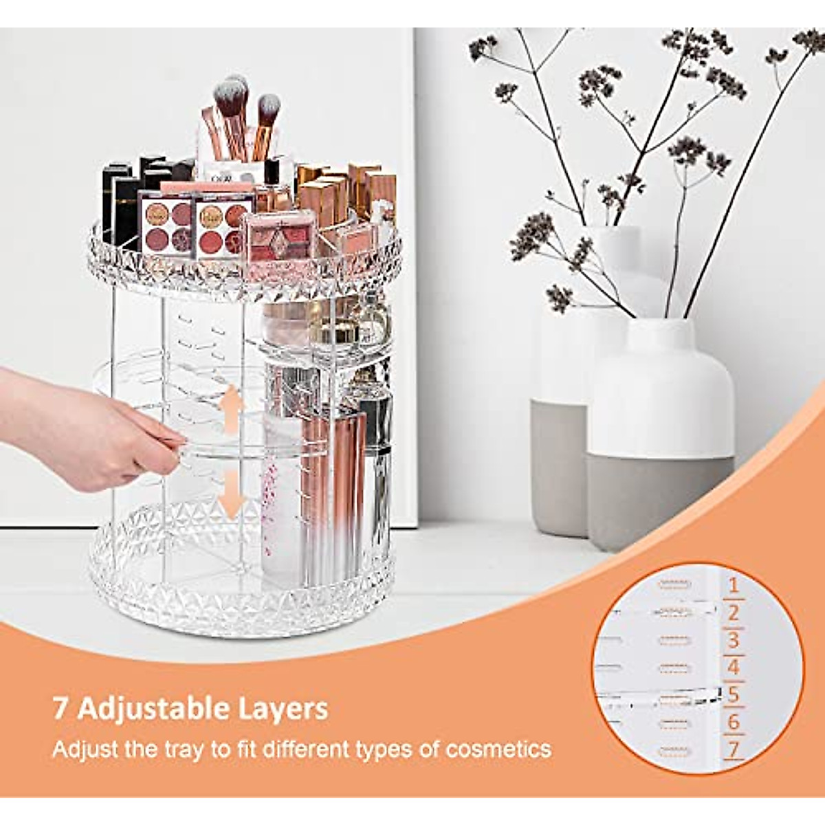 DreamGenius Makeup Organizer, 360 Degree Rotating Cosmetic Storage Organizer, 7-Layer Adjustable Makeup Display Case, Fits Jewelry Makeup Brushes and Lipsticks, Clear Acrylic