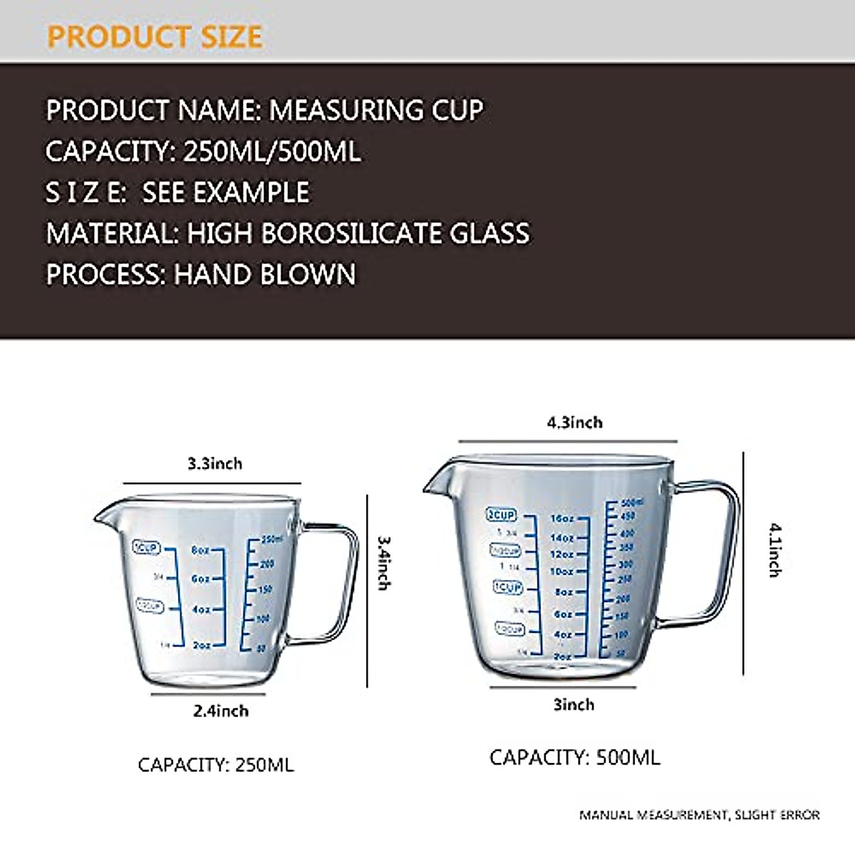 250ML/8 oz heat-resistant glass measuring cup with scale for laboratory, children's milk making, kitchen baking, etc.