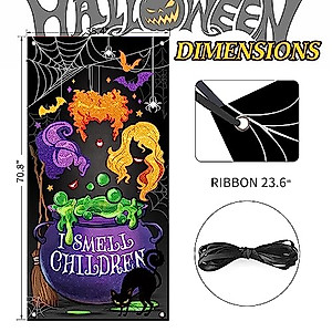 Deroro Halloween I Smell Children Door Cover Decorations, Sanderson Sisters Witches Hocus Pocus Front Door Banner Background, Spider Web Bats Black Cat Holiday Indoor Outdoor Home Decor 3 x 6 FT