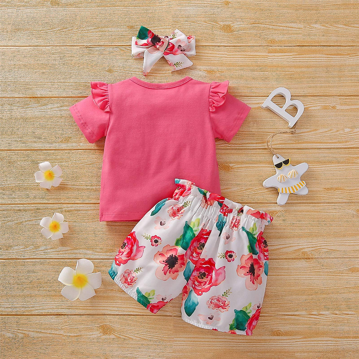 GRNSHTS Kids Baby Girl Sister Floral Outfits Promoted To Big Sister Short Sleeve Shirt+Floral Bowknot Shorts+Headband 3Pcs Clothes (Rose Red, 12-18 Months)