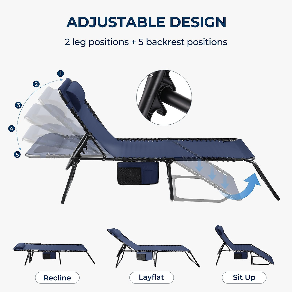 HOMSHADE Folding Outdoor Chaise Lounge Chair - Beach Tanning Lounger with 5-Level Adjustable Backrest, 2-Level Footrest, Removable Pillow, Side Pocket, 330lb Weight Capacity for Poolside, Lawn, Blue