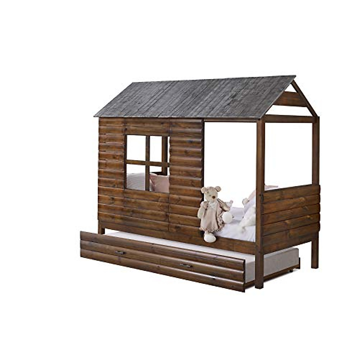 Donco Kids Twin Log Cabin Low Loft w/Twin Trundle, Rustic Walnut, Double