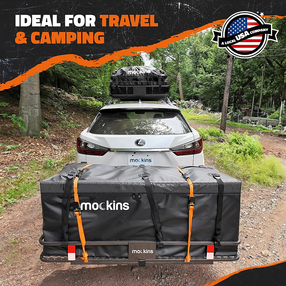 Mockins 16 Cu.Ft. Trailer Hitch Cargo Carrier Bag | 58"x20"x24" Abrasion-Resistant Vinyl Waterproof Cargo Bag for Hitch Carrier | All-Weather Truck Bed Storage Set w/Straps, Bag Lock, & Carry Bag
