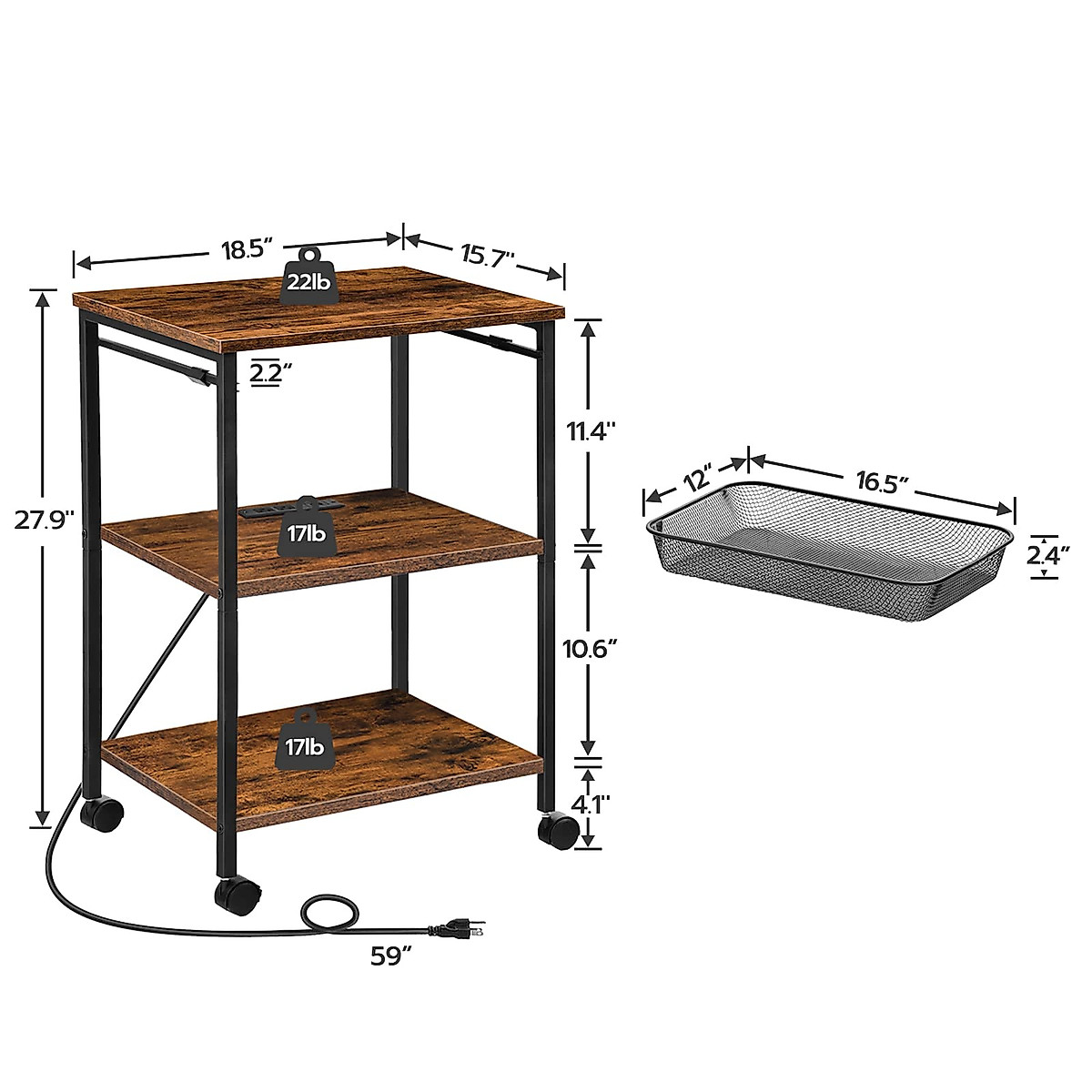 HOOBRO Printer Stand, 3 Tier Printer Cart with power outlet and USB Port, Industrial Printer Table Rolling Cart with Storage Drawer on Wheels, for Home Office, Rustic Brown and Black BF23UPS01