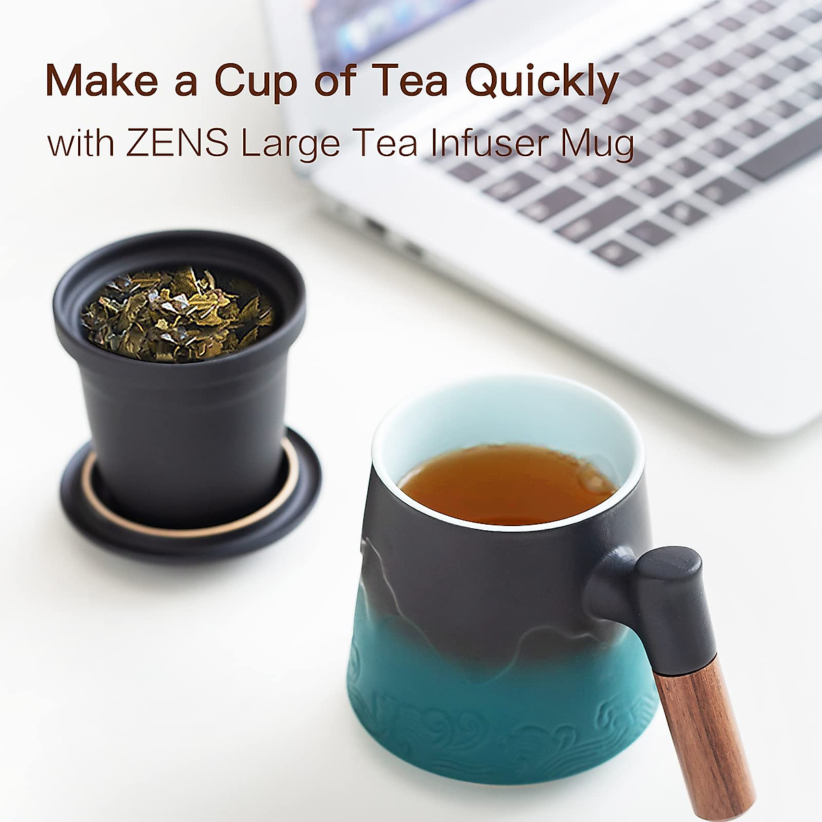 ZENS Tea Cup with Infuser and Lid, Wood Handle Loose Leaf Tea Steeper Mug, 15.2 Ounces Gradient Embossed Ceramic Tea Strainer Mug for Gifts, Black&Green
