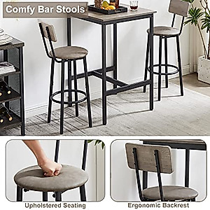Neylory Bistro Table and Chairs Set of 2, Pub Table and Bar Stool Set, Small Kitchen Dining Table with Upholstered Barstools, Grey