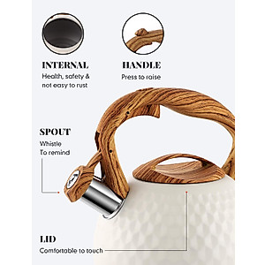 Tea Kettle, 2.7 Quart / 3 Liter BELANKO Stainless Steel Kettles for Stove Top, Food Grade Teapot with Wood Pattern Handle Loud Whistling for Coffee, Milk etc, Gas Electric Applicable - Milk White