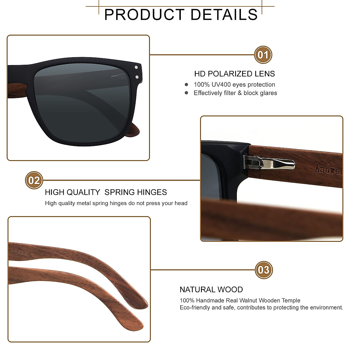 ANDWOOD Mens Sunglasses Polarized UV Protection Wooden Frame Beach Sun Glasses Womens Square Wood Shades Black