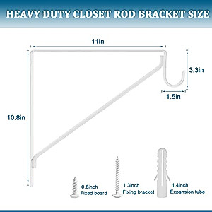 AYAYGD 4PCS Heavy Duty White Closet Rod Brackets 11 x 11 Inch,1-3/8Inch Diameter Shelf and Rod Bracket Holder for Home and Closet Decor, Wall Mount Closet Pole Supports Bracket Hook with Screws
