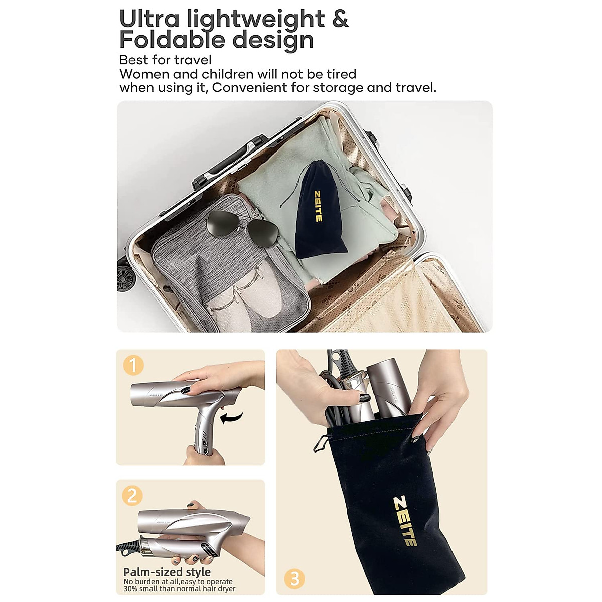 ZEITE Professional Fast Drying Hair Dryer with Foldable Handle,Ionic Blow Dryer,High Speed Low Noise,Magnetic Nozzle,for Home Travel and Salon