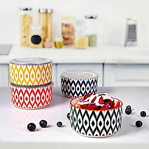 Miicol Ceramic Bowls Set with Lids, Porcelain Food Storage Containers, Porcelain Prep Bowls for Kitchen, Microwave & Dishwasher Safe, Assorted Patterns, 23 Ounces, Set of 4