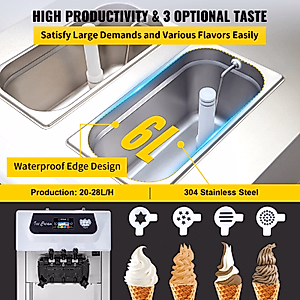 VEVOR Commercial Soft Ice Cream Machine, 3 Flavors Ice Cream Machine w/Pre-Cooling, 5.3-7.4 Gal/H Gelato Machine Commercial, 2200W Countertop Commercial Yogurt Maker Machine, w/LCD Intelligent Panel