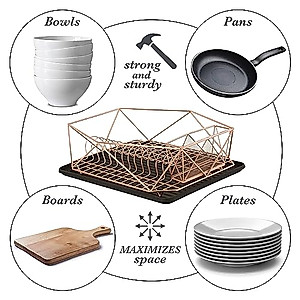 Kitchen Details Copper Geode Deluxe Dish Drying Rack with Drain Board | Cutlery Basket | Utensil Holder | Iron Frame