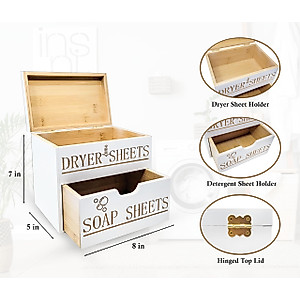 ALLNEY HOME Wood Box Dryer Sheet Holder and Detergent Dispenser drawer, Natural Wood and Sustainable Storage Box, Rustic White Farmhouse Finish, Large Capacity Laundry Room Organizer