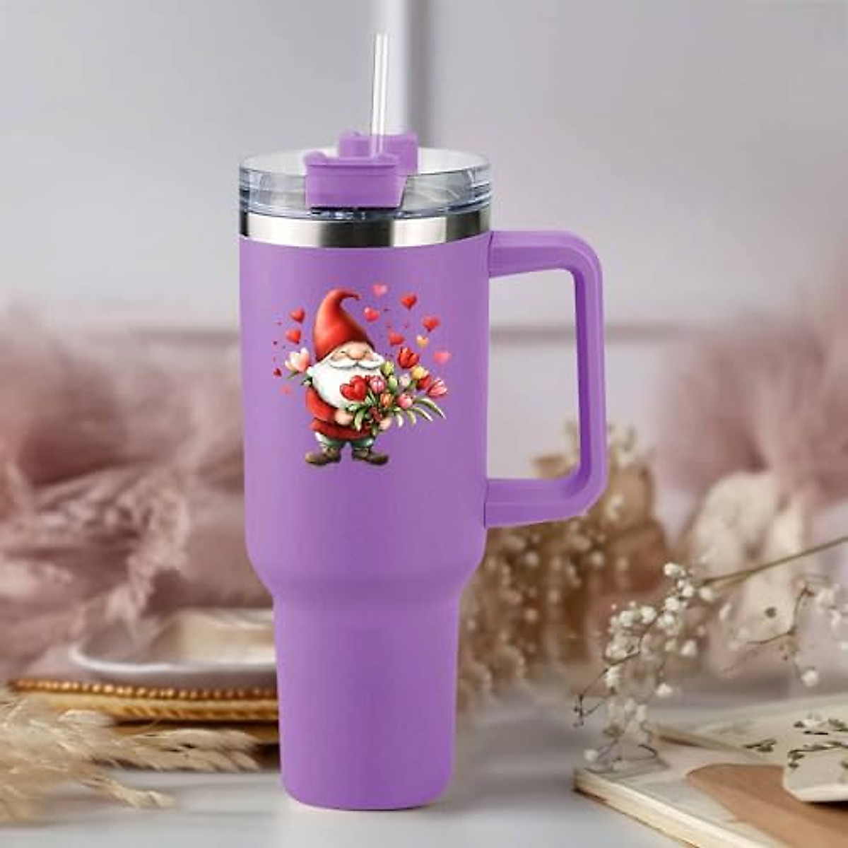 LB LEOBON 40 ounce insulated cup with handle, double-layer vacuum stainless steel material, equipped with straw, can keep warm or maintain cold drinks Red Love Gnome E Deep purple