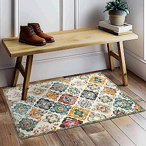 QQL 2'x3' Washable Indoor Entry Rug,Accent Door Mat Machine Soft Small Area Rug,Non-Slip Non-Shedding Faux Wool Vintage Design Boho Low Pile Throw Rugs