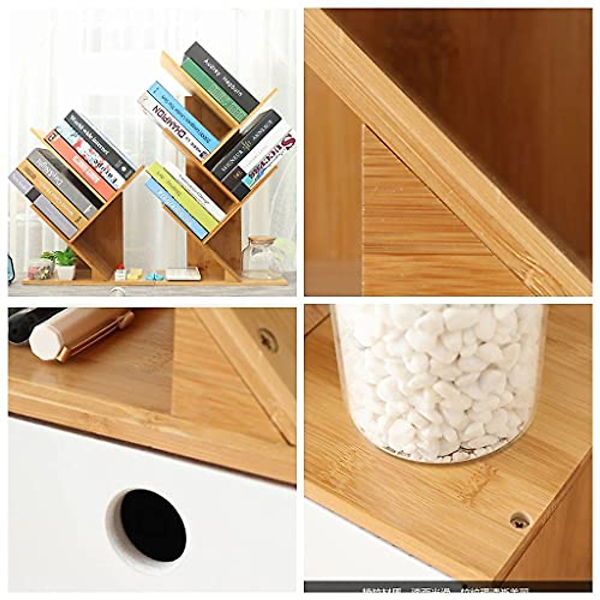 Desktop Bamboo Bookshelf Desk 3-Tier Book Storage Organizer Shelves Tree Bookshelf, Floor Standing Bookcase, Wood Storage Rack for Office Home School Shelf Display Creative Bookcas (Bamboo Wood)