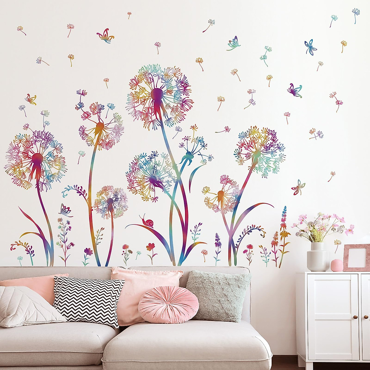 wondever Colorful Blowing Dandelion Wall Decals Flying Flowers Butterflies Floral Peel and Stick Wall Art Stickers for Living Room Girls Bedroom TV Wall