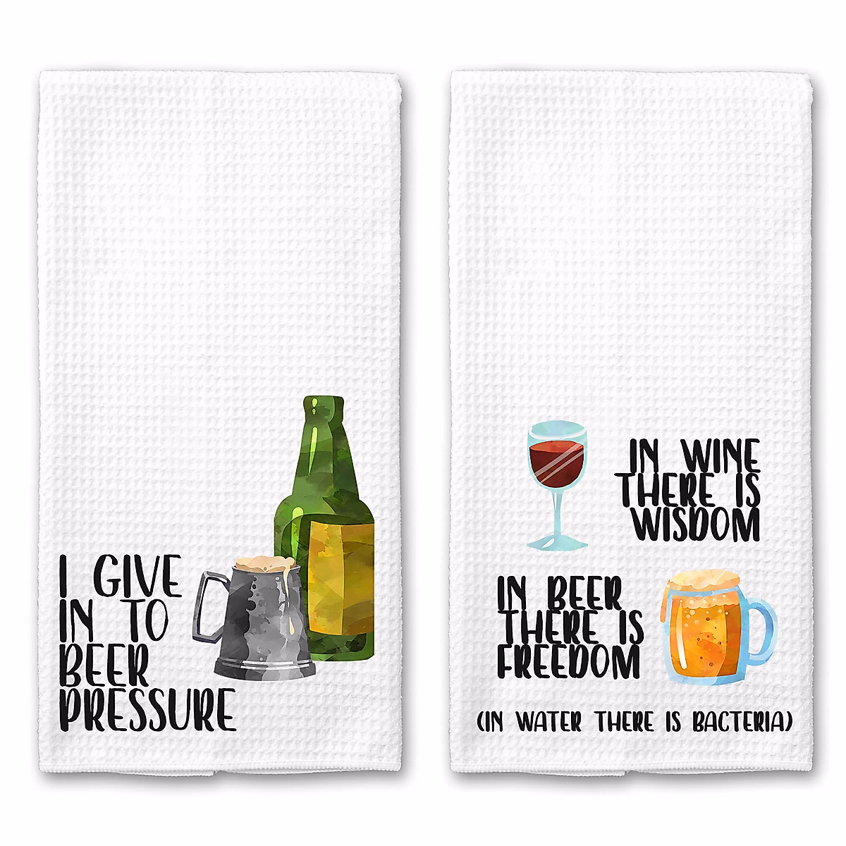 Beer Wine Bar Towels Funny Saying Kitchen Towel - Gift Set of 2