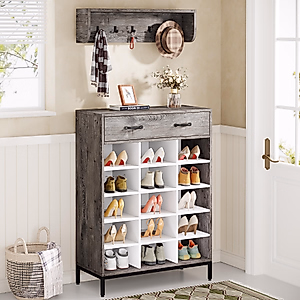 Tribesigns Shoe Storage Cabinet, Shoe Cabinet with Coat Rack & 5 Hooks, Wooden Shoe Rack Organizer with 15 Shoe Cubbies & Big Drawer for Entryway, Hallway, Bedroom, Closet, Vintage Gray
