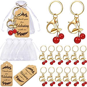 Ecation 61 Pcs Keychain Party Favor 20 Set Keychain Tag Organza Bag for Wedding Party Gift (Cherry)