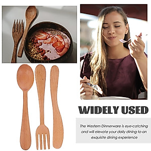 Kichvoe Small Wood Flatware Sets Wooden Spoon Fork Cutter Cutlery Set Salad Forks Camping Dinner Food Utensil Tableware for Boys Girls