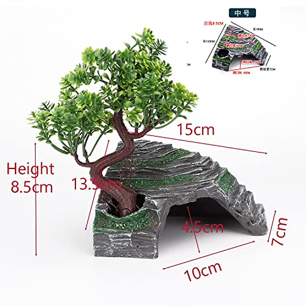 Reptile Simulation Rock Hide-Resin Amphibian Hideouts Cave Size 3.94'' x 1.77'' with Plastic Tree 7.87'',Habitat for Bearded Dragon Turtles Lizards Snakes Crab Gecko Leopard Spider Fish