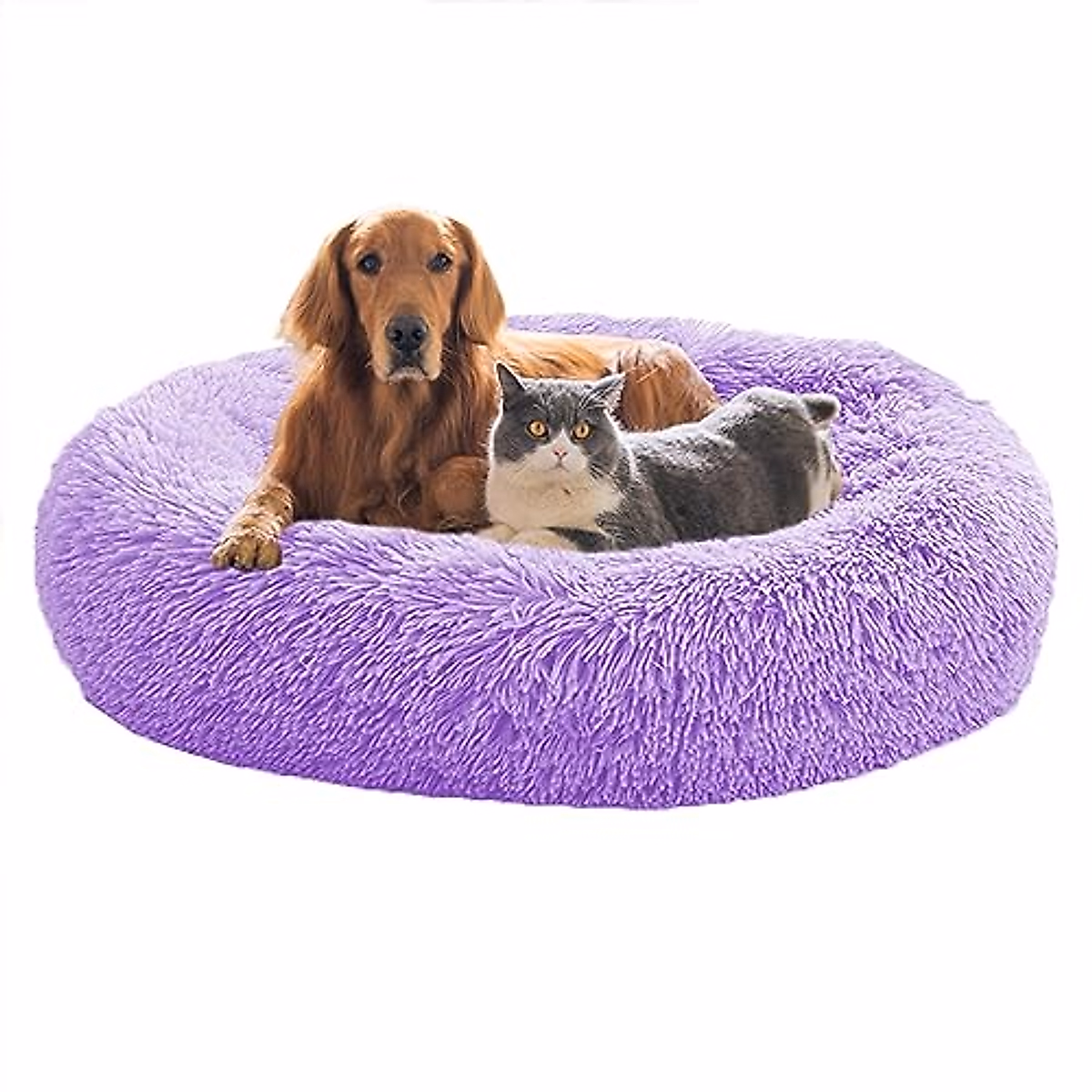 XIEMINLE Donut Cat Bed Anti Anxiety Dog Bed, Fluffy Calming Pet Bed Round Plush Pet Bed for Large Medium Small Dogs and Cats, Dog Sofa Bed with Non-Slip Bottom,80cm/31.5in,Purple